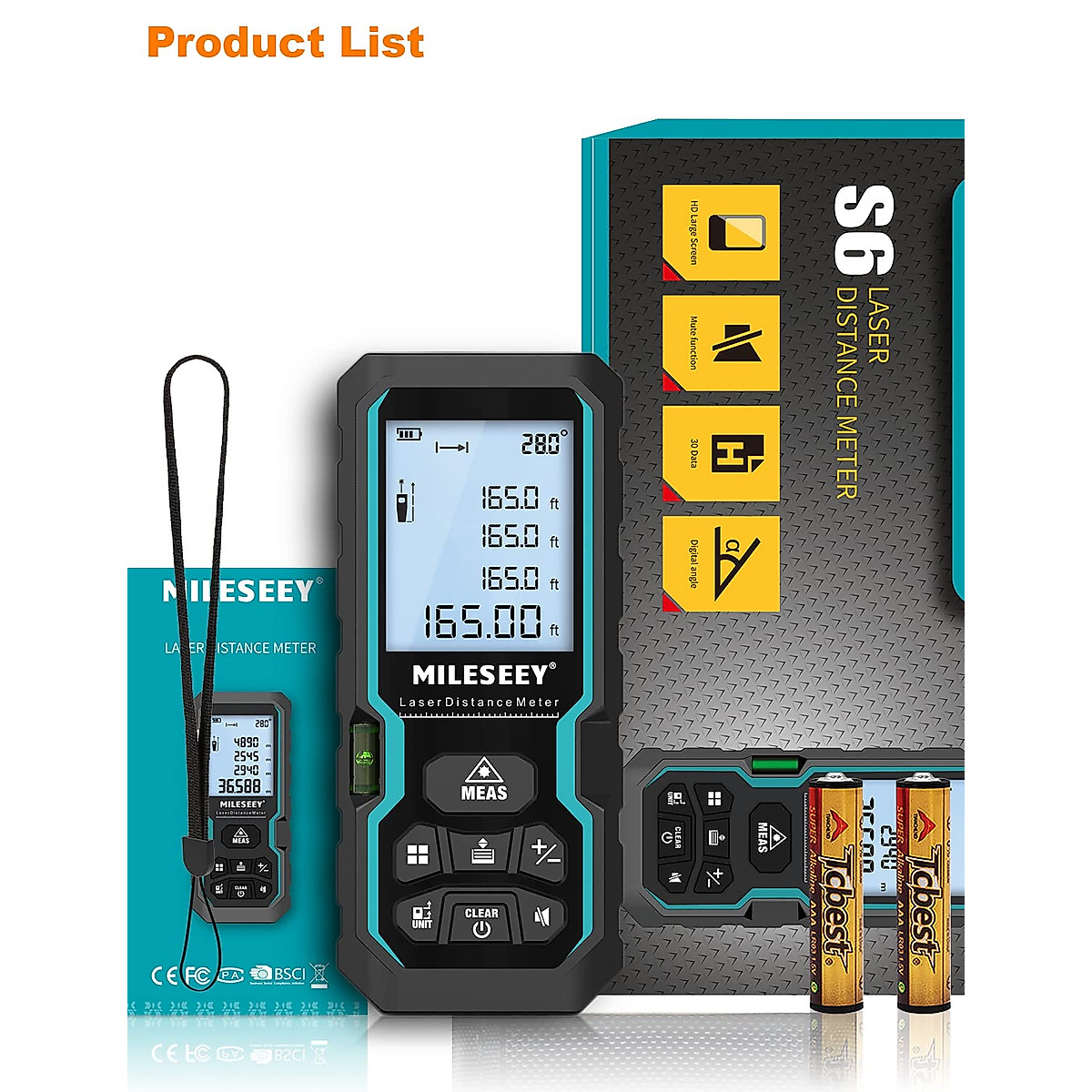 Laser Measure with Digital Angle Display, Mileseey by RockSeed 165 Feet with Electronic Level Control,M/in/Ft Unit Switching Backlit LCD and Pythagorean Mode, Measure Distance, Area, Volume