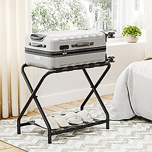 HOOBRO Luggage Racks Set of 2, Folding Suitcase Stand for Guest Room, Metal Luggage Holder with Storage Shelf, Bedroom, Hotel, Black BK03XLP201G2