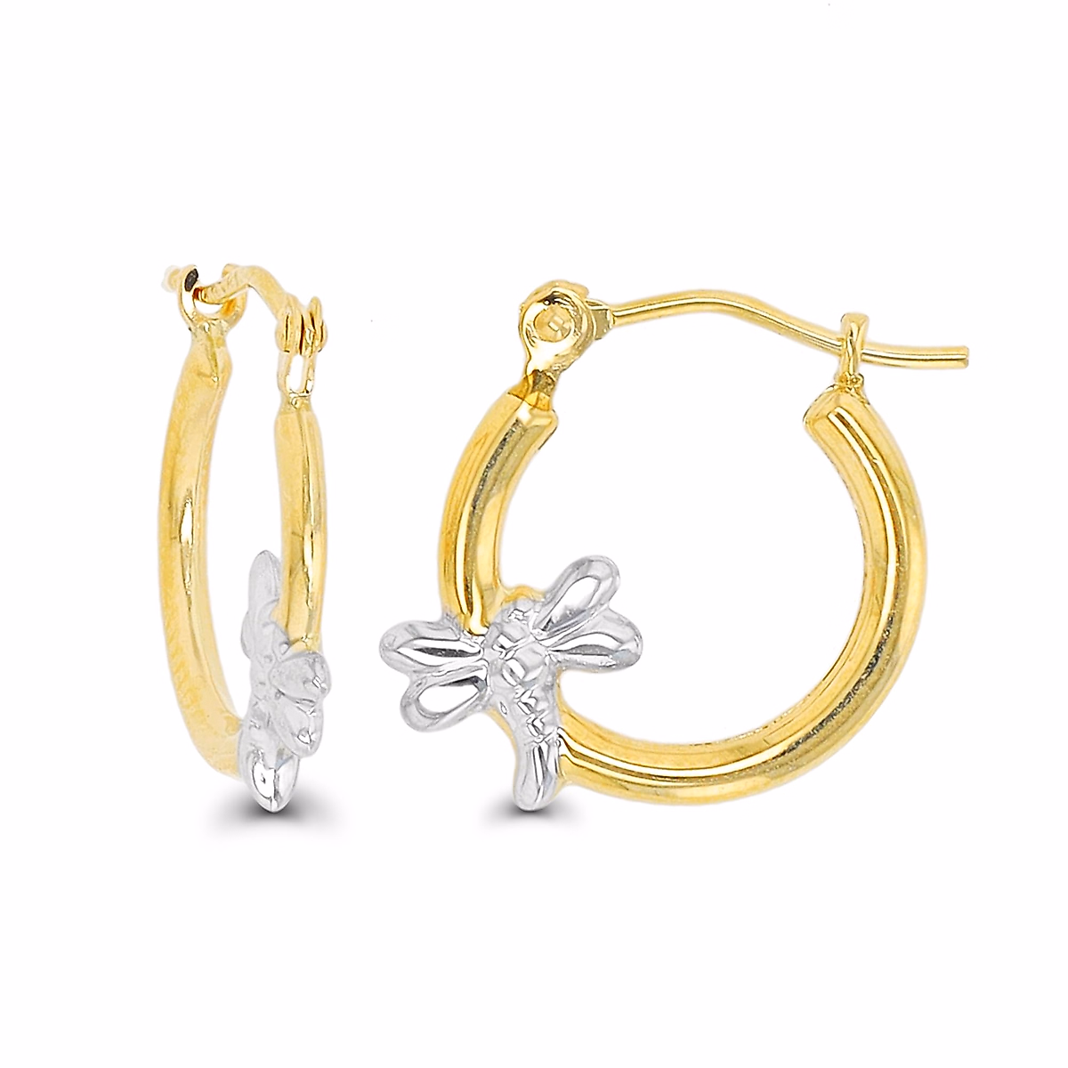 14K Two Tone Gold 3mm Thick Polished Dragonfly Hoop Earrings with Hinged Clasp | Dragonfly Hoop Earring | 3x14mm Hoop | Solid Gold Earrings for Women