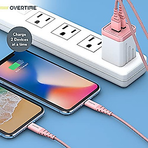 iPhone Charger Set, 2-Pack Overtime Apple MFi Certified Lightning Cables with 1 Dual USB Wall Adapter - 2.4 AMP Compatible w/iPhone 11 Pro Max XS XR X 8 7 6S 6 Plus SE iPad (Rose Gold/Rose Gold, 10ft)
