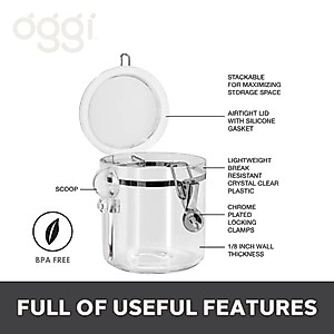 OGGI Clear Canister Airtight 38oz - Clamp Lid & Spoon - Airtight Food Storage Containers, Ideal for Kitchen & Pantry Storage of Bulk, Dry Food Including Flour, Sugar, Coffee, Rice, Tea, Spices & Herbs