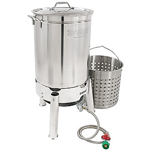 Bayou Classic Stainless Steel Boiler Cooker Kit Features 44-qt Stainless Boiler with Lid, Steam/Boil Basket, 4-in Cast Aluminum 58,000 BTU Burner, 10-psi Pre-Set Regulator and 48-in Hose