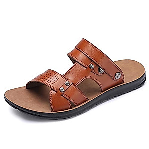 JOMENZE Sandals for Mens Leather Sandals Open Toe Back Strap Anti-Slip Comfortable Casual Slide Sandals Khaki 42