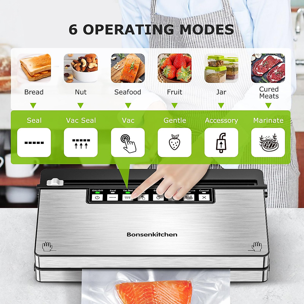 Bonsenkitchen Vacuum Sealer Machine, Stainless Steel Vacuum Food Sealer with 8-in-1 Vacuum Sealing System, 6 Food Vacuum Modes, Built-in Cutter and Bag Storage, Fully Starter Kits (Bright Silver)