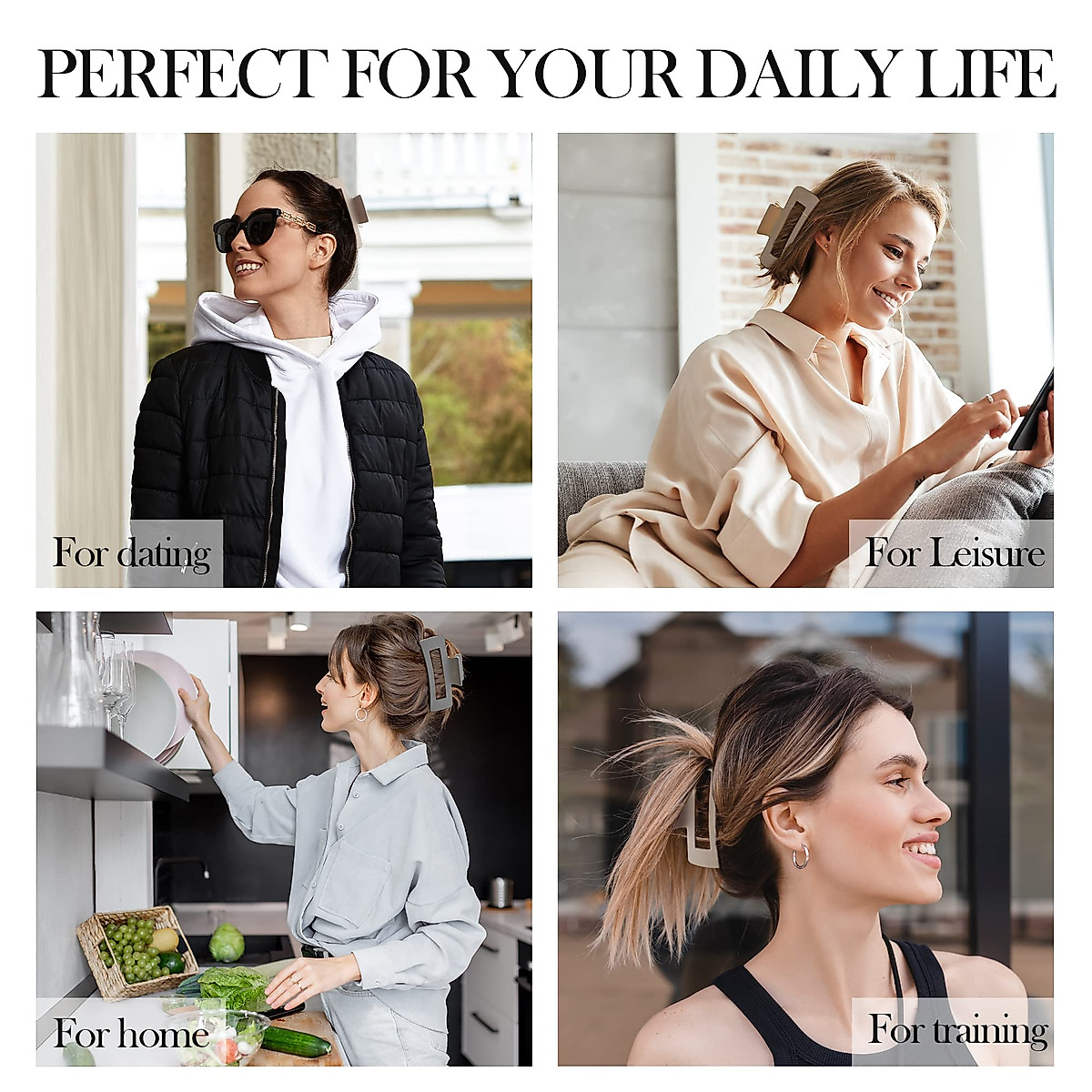 Beauty.H.C Large Nonslip Matte Neutral Claw Hair Clips for Thick, Thin or Curly Hair - 8 Strong Hold Jumbo 4.1 Inch Jaw Clips for Women and Girls