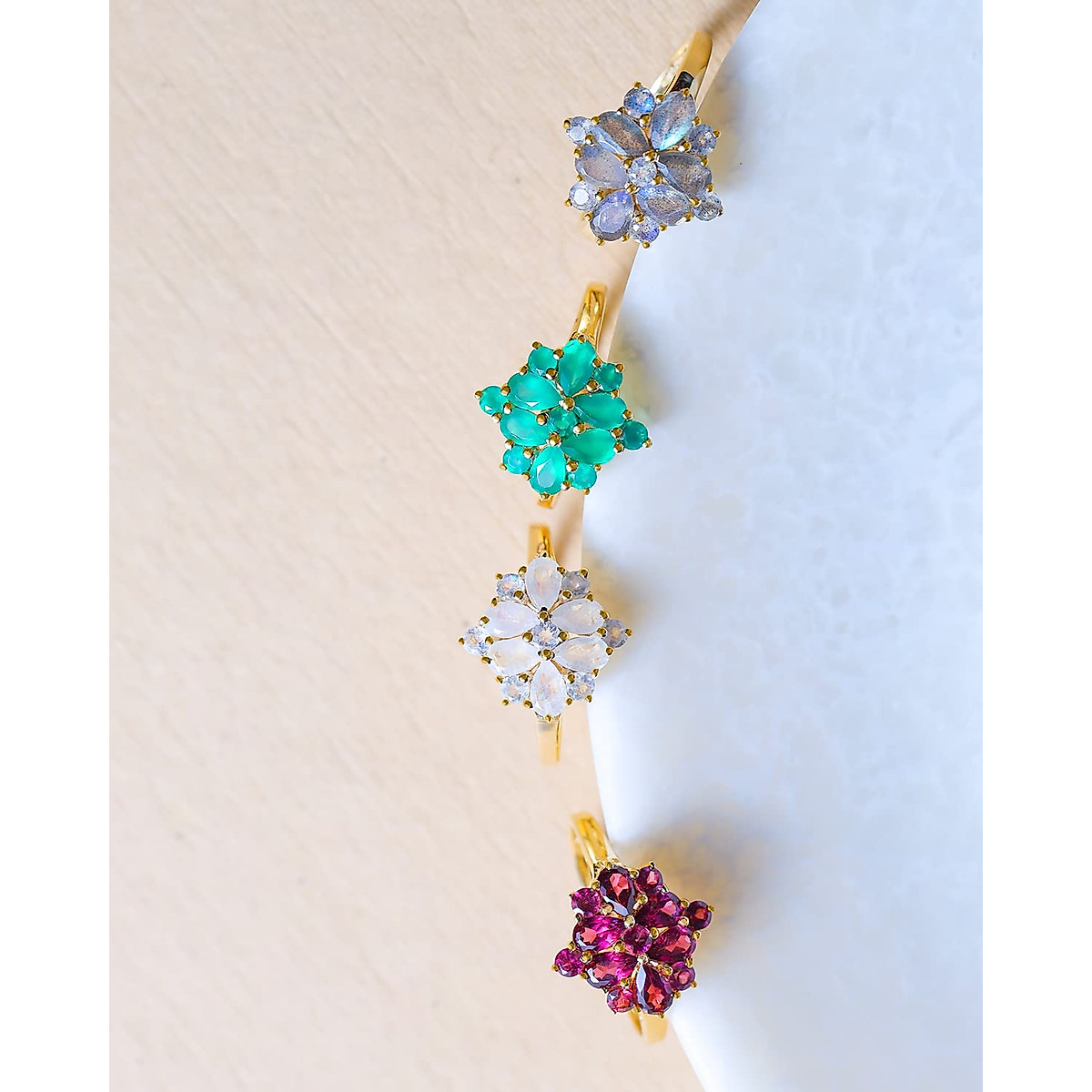 YoTreasure 3x5 MM Green Onyx Cluster Ring 14k Gold Over 925 Silver