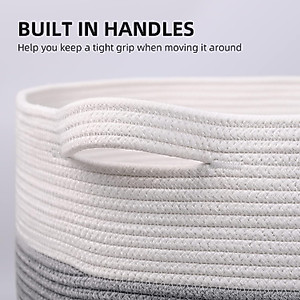 Handmade Large Cotton Rope Storage Basket, Laundry Hamper for Nursery, Woven Rope Laundry Hamper, 87L Laundry Basket for Blankets, Cotton Rope Basket with Handles, Clothes Organizer Grey & White