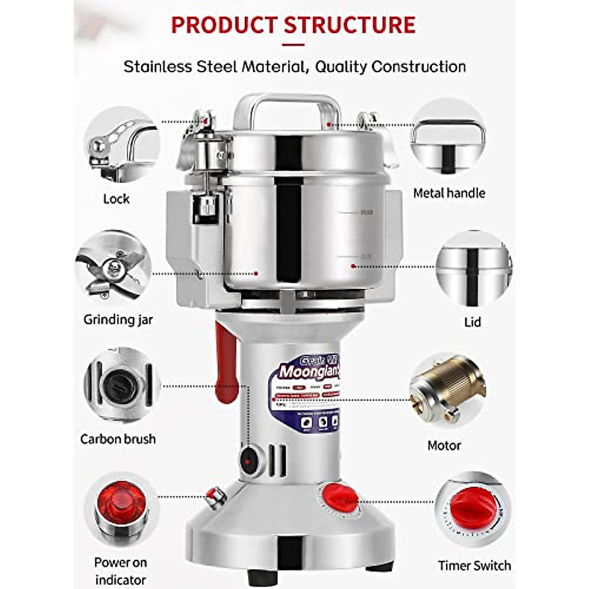 Moongiantgo Grain Mill Grinder Electric 300g Commercial Spice Grinder 1500W Stainless Steel Pulverizer Dry Grinder Grinding Machine (300g Upright, 110V)