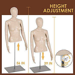 Female Mannequin Torso Dress Form Sewing Manikin 39-56 Inch Height Adjustable Dress Model Mannequin Display Head Dress Mannequin Clothing Form Metal Base Stand