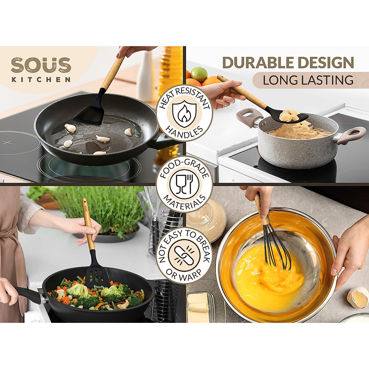 Sous Kitchen Silicone Kitchen Utensils Set & Silicone Cooking Utensils - Kitchen Silicon Utensil Set Wooden Handles - Cooking Utensil Set & Baking Essentials - 30 pcs Silicone Spoons for Cooking