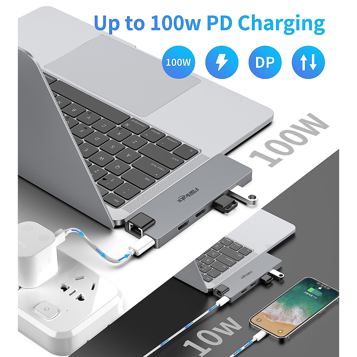 USB C Hub Multiport Adapter for MacBook Pro 2019/2018/2017, 8 in 1 USB C to Dual HDMI Adapter 4K 60Hz, 1Gbps Ethernet, SD/TF Card Reader and 100W PD Port, Dual USB 3.0 Docking Station