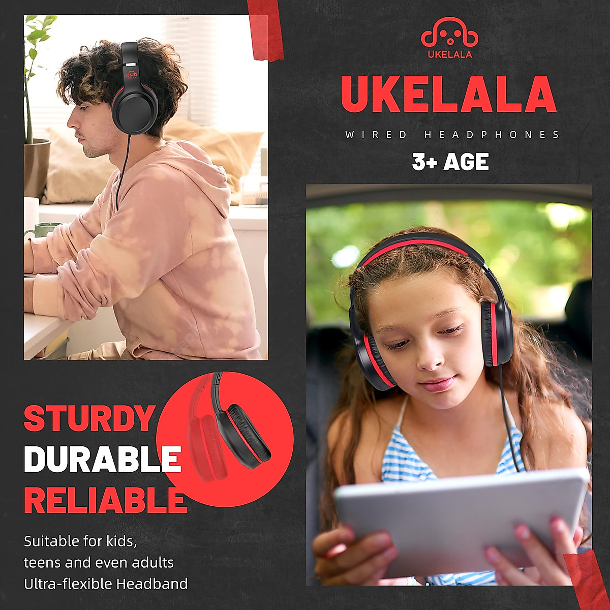 UKELALA On Ear Wired Headphones for Kids Stereo Lightweight Youth Headphones with 4.9 ft NO-Tangle Cord for Girls Toddler 3.5mm Jack Headphones Compatible with chromebooks PC for Kindergarten School