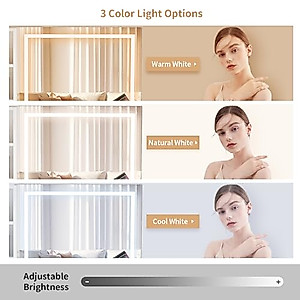 VOWNER Vanity with Lighted Mirror - Makeup Vanity Desk with Glass Top, Power Strip, Drawers and Shelves, 3 Color Lighting Modes Adjustable Brightness, Vanity Table with Cushioned Stool, 45'' L