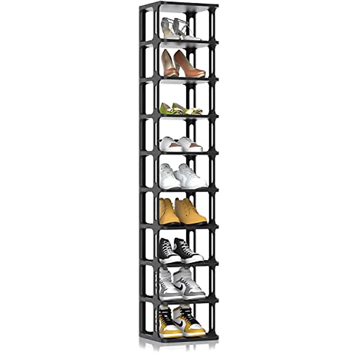 10 Tier Vertical Skinny Shoe Rack - Space Saving Corner Shoe Tower, Plastic Tall Thin Shoes Storage Organizer for Entryway and Closet, Free Standing Shoe Shelf in Black, Modular Set No-Tool Assembly