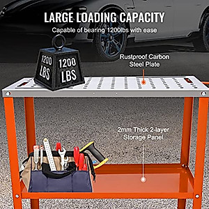 VEVOR Welding Table 36"x18", 1200lbs Load Capacity Steel Welding Workbench Table on Wheels, Portable Work Bench with Braking Lockable Casters, 4 Tool Slots, 5/8-inch Fixture Holes, Tool Tray