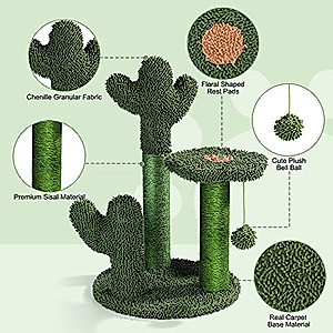 T2Y Cat Scratching Post - Cactus Cat Scratcher Tower with 3 Scratch Post and Dangling Bell Ball, Full Wrapped Premium Natural Sisal Scratching Post for Indoor Cats - Medium
