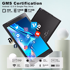 Android Tablet, 10 Inch Tablet with Stand/Glass Housing, 12GB RAM 128GB ROM with 512GB Expand Tablets, WiFi6, IPS + Touch Screen, 6000mAh Battery, Bluetooth5.0, Wireless Keyboard (Blue)