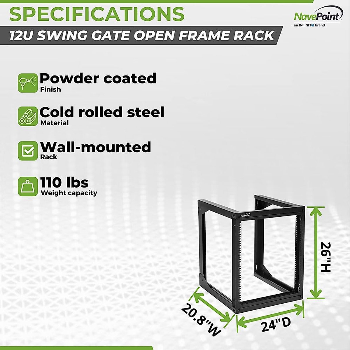 NavePoint 12U Server Rack with Swing Gate - 12U Wall Mount Rack for 19 Inch IT Equipment Open Frame Rack – Network Rack Wall Mount for AV & Server Equipment 24” Deep 12U Rack, Black