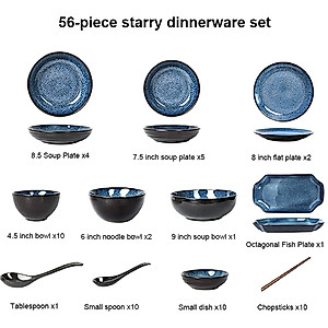 GagalU Porcelain Dinnerware SetDark Night Starry Sky56 Pieces Light Luxury Dinnerware Set Service for 6-8, Anti-Scalding Ceramics Bowl and Plate Combination