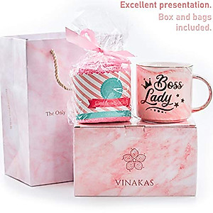 VINAKAS Boss Lady Gifts for Women – 12oz Gold Pink Ceramic Boss Lady Coffee Mug with Fuzzy and Funny Socks - Fun and Colorful Gifts for Mom. Fun Boss Gifts for Women to Make Her Smile