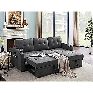 Lilola Home Mabel Dark Gray Woven Fabric Sleeper Sectional with cupholder, USB Charging Port and Pocket