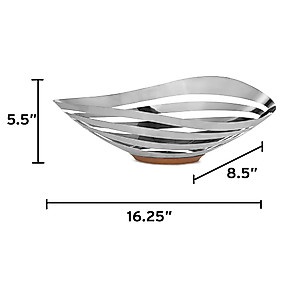 Nambe - Pulse Collection - Bread & Fruit Bowl - Measures at 16.25" x 8.5" x 5.5" - Made with Acacia Wood and Stainless Steel - Designed by Sena & Seidenfaden Design