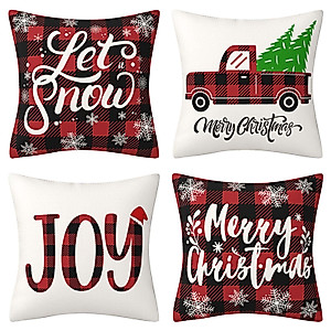 Veilpuo Christmas Pillow Covers 18 x 18 Inch Set of 4 for Christmas Decoration Farmhouse Black and Red Buffalo Plaid Pillow Case for Christmas Home Office Sofa Couch Bed Decoration