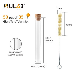 ULAB Scientific 50pcs 35ml Round Bottom Glass Test Tubes Set, 3.3 Borosilicate Glass, Dia.20x150mm, Packed with Stoppers and Brush, UTT1023