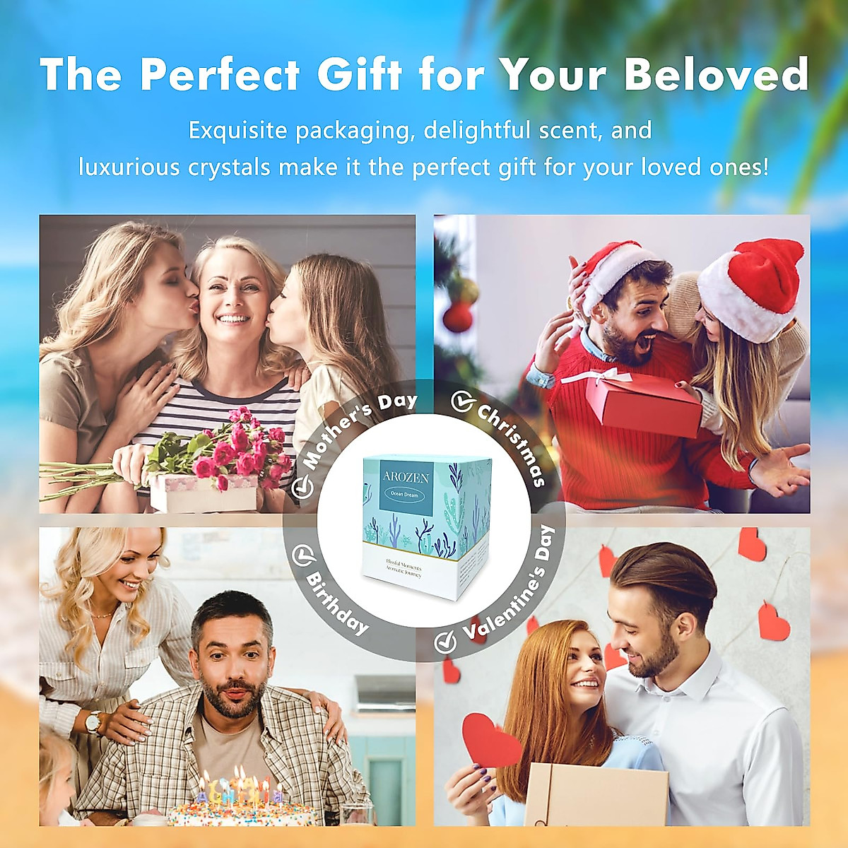 AROZEN Ocean Beach Scented Candles Gifts for Women, Aromatherapy Soy Fall Candles for Home Scented, 10oz Sea Candles with Healing Crystal Inside, Christmas Birthday Gifts Candle for Women Mom Decor