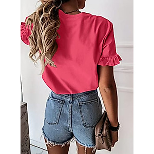 PRETTYGARDEN Women's Short Sleeve Casual T Shirts Summer Ruffle Plain Round Neck Loose Fit Tee Blouse Tops Watermelon Red