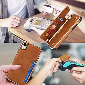 iCoverCase Wallet Case, with Card Slots Holder and Wrist Strap PU Leather Kickstand Double Magnetic Clasp Shockproof Cover Case for iPhone XR 6.1 Inch (Khaki)
