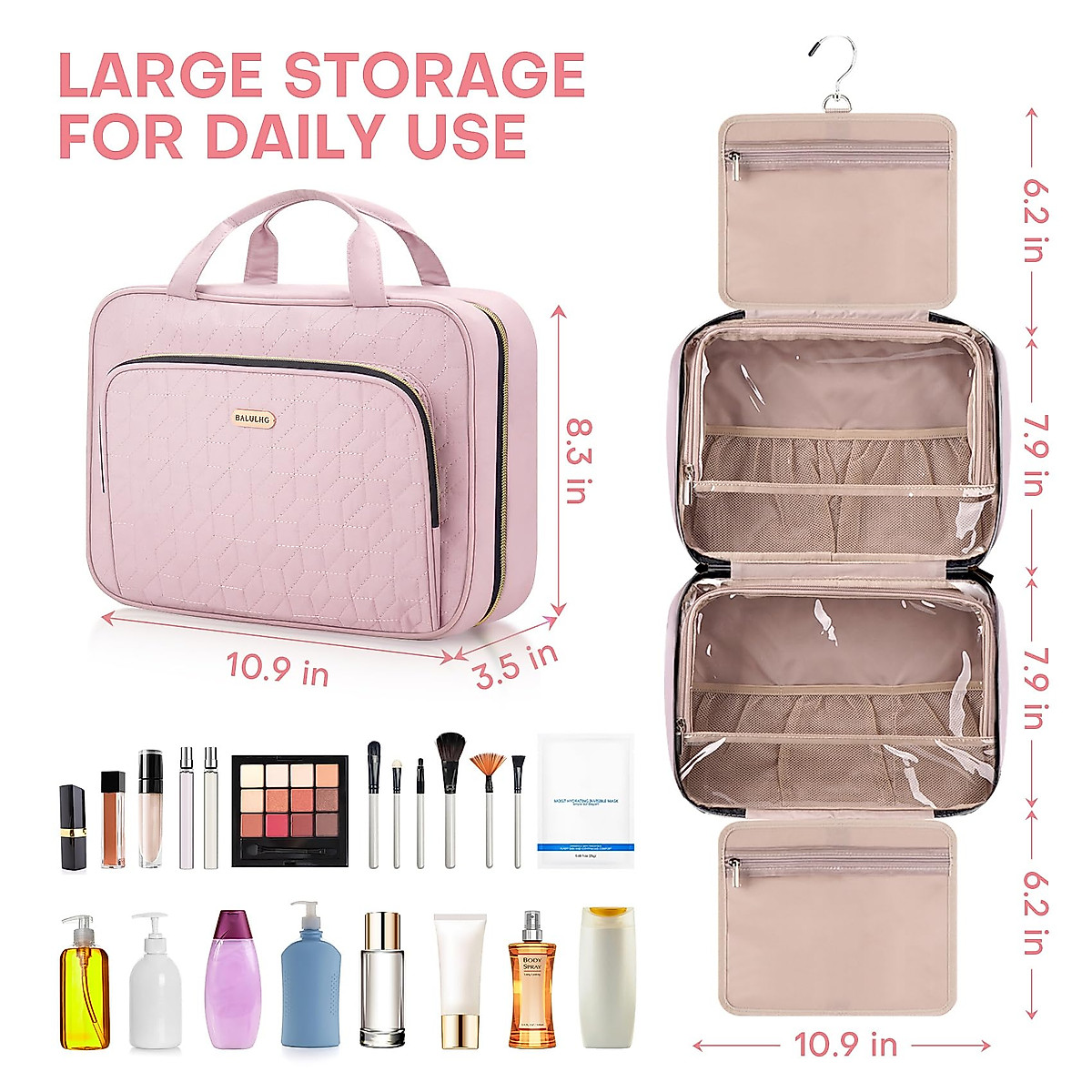 BALULHG Toiletry Bag with Hanging Hook, Portable Makeup Cosmetic Bags, Space-efficient, Collapsible Moving, making it more suitable for Travel