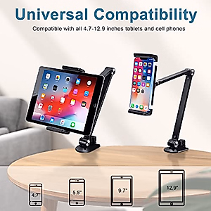 ZEXMTE Tablet Stand Holder, Adjustable Desktop Tablet Holder Mount Foldable Phone Stand with 360° Swivel Phone Clamp Mount Holder,Stable Tablet Stand for iPad 4.7-12.9" Tablets/Phones-Black