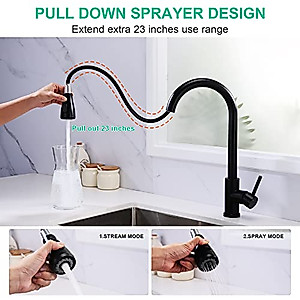 Besworta 3-Way Pull Down Matte Black Kitchen Faucet with 23-Inch Pull Out Hose, Stainless Steel, 3-Water Outlet Modes, PVD Finish, Ceramic Cartridge, 304 SUS