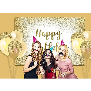 Mocsicka Happy Birthday Backdrop Gold Birthday Photo Backdrops for Women Men 7x5ft Golden Glitter Sweet 16 Birthday Photography Background