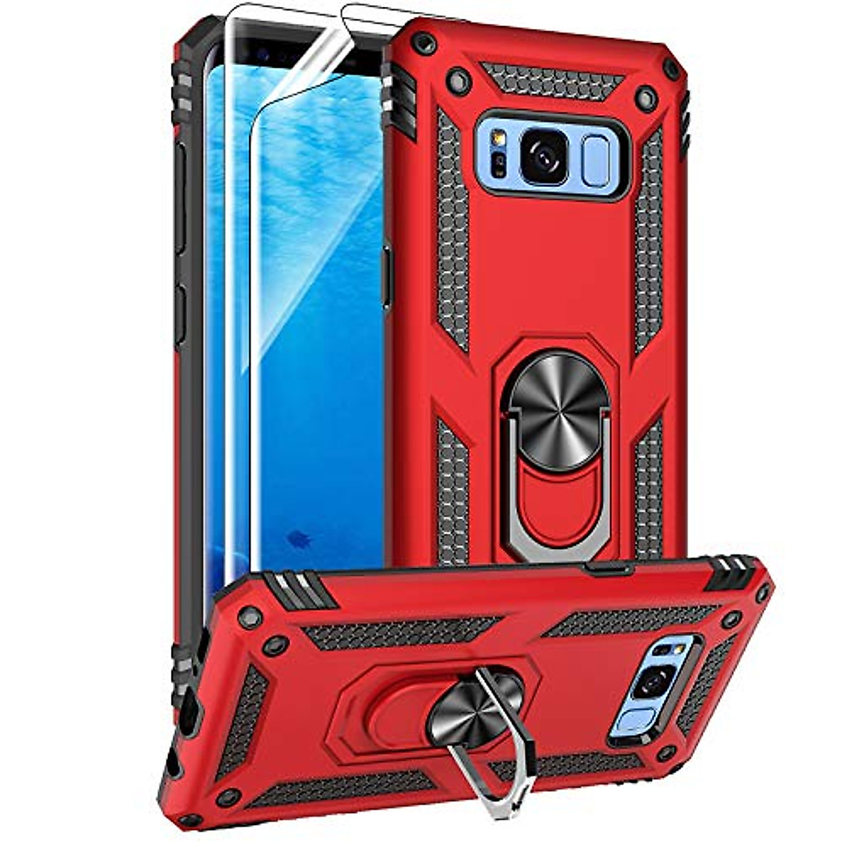 Androgate Samsung Galaxy S8 Case with HD Screen Protectors (NOT fit S8 Plus), Military-Grade Metal Ring Holder Kickstand 15ft Drop Tested Shockproof Cover Case for Samsung Galaxy S8 (2017) Red