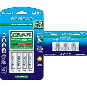 Eneloop Panasonic Rechargeable Battery Bundle with Advanced Individual 3 Hour Quick Charger (4 AAA Batteries) + 12 AAA Batteries Pack