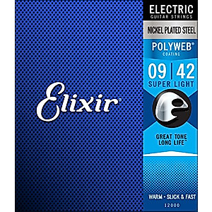 Elixir Strings, Electric Guitar Strings, Nickel Plated Steel with POLYWEB Coating, Longest-Lasting Warm Tone with Comfortable Feel, 6 String Set, Super Light 9-42
