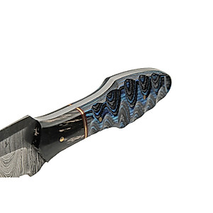 Ocean Ripple Damascus Steel Blade | Grooved Wood 8 inch Hunting Knife