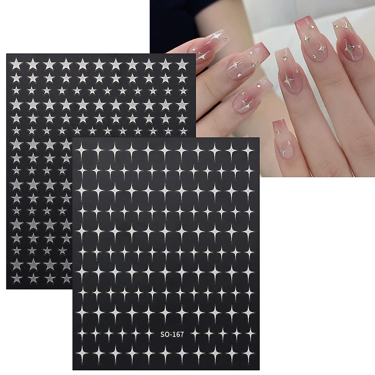 JMEOWIO 12 Sheets Colorful Star Nail Art Stickers Decals Self-Adhesive Pegatinas Uñas Silver Nail Supplies Nail Art Design Decoration Accessories