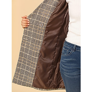 Allegra K Women's Double Breasted Notched Lapel Plaid Trench Blazer Coat Medium Brown