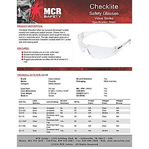 MCR Safety Glasses CL110 Checklite Clear Lens with UV Protection and Scratch Resistant Coating, 1 Pair