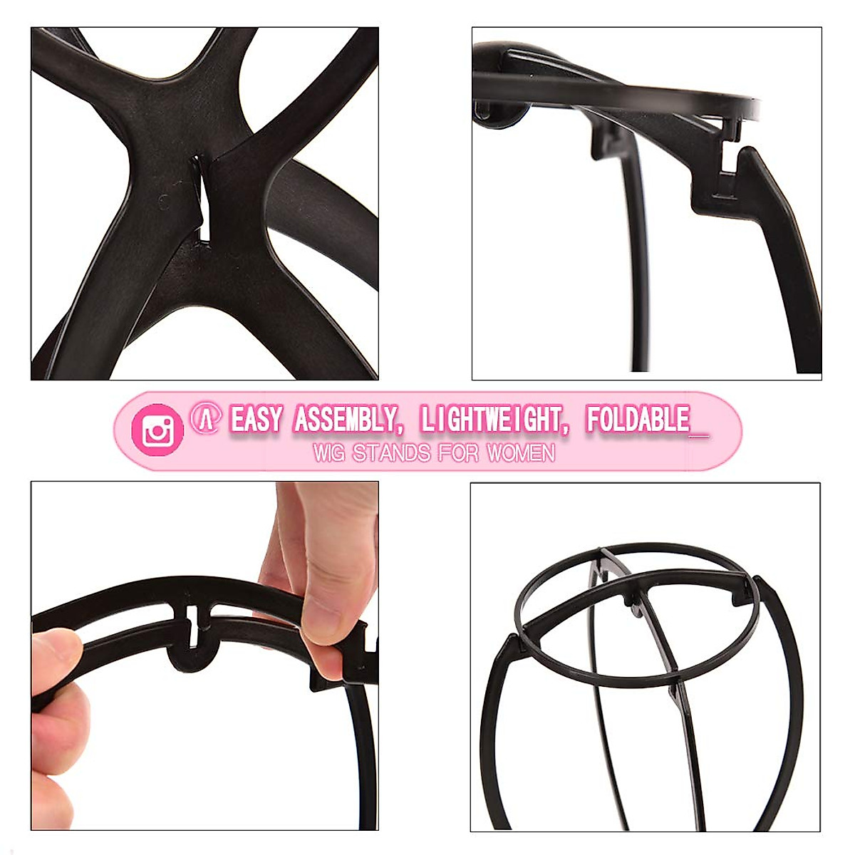 4 Pack Wig Stand Holder, Premium 14.2" Black Portable Collapsible Wig Holder for Multiple Wigs, Durable Wig Stands for Women