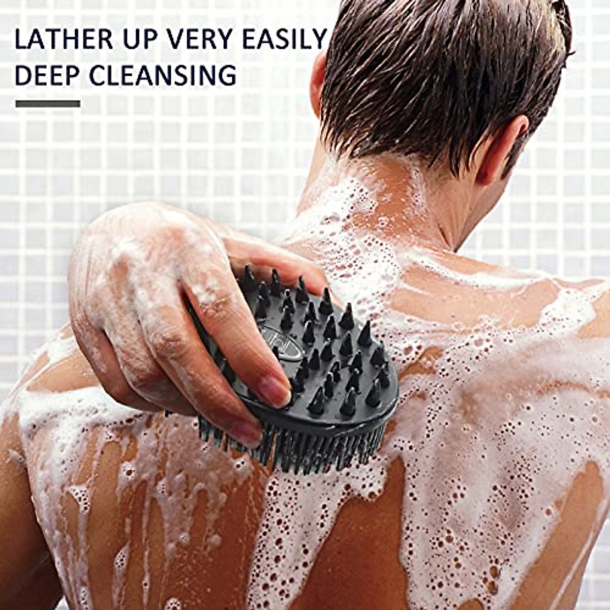 BEAUTAIL Silicone Body Scrubber, 2 in 1 Shower Bath Wash and Hair Shampoo Brush, Gentle Exfoliating Scrub Cleansing Loofah for Women Men Baby Sensitive Skin, Easy to Clean, Lather Nicely, 1 Pack Black
