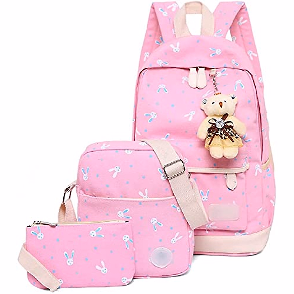 3Pcs Rabbit-Print Girls Canvas School Backpack for Elementary Middle Kids Bookbag with Pencil Case