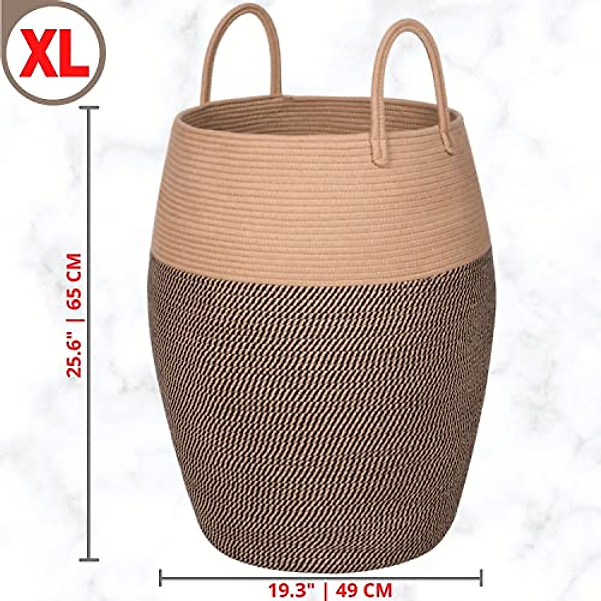 MINTWOOD Design Extra Large 25.6 Inches High Decorative Woven Cotton Rope Basket, Tall Laundry Hamper with Handles, Blanket Basket Living Room, Storage Baskets for Toys, Throws, Pillow, Black Jute Mix