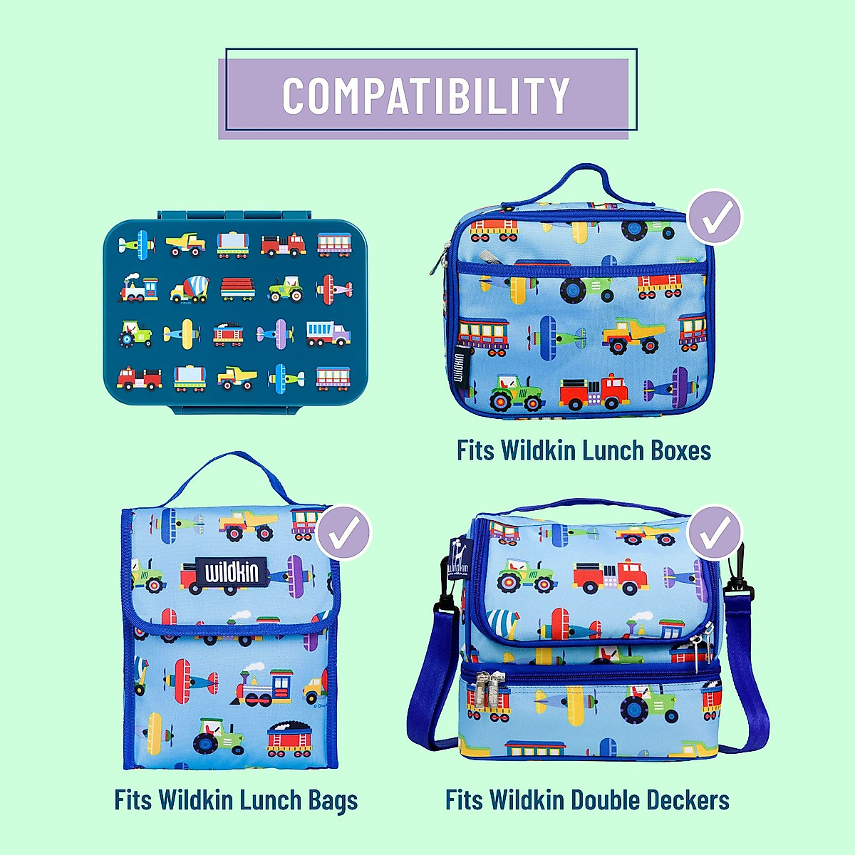Wildkin Kids Bento Box for Boys and Girls, Features 4 Compartments, Leak Proof with Close Clasp Design, Perfect for School & Travel Bento for Kids (Trains, Planes, and Trucks)