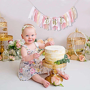 Pink and Gold High Chair Banner- Floral and Butterfly One Highchair Banner, 1st Birthday Party Decoration for Girls, Pink 1st Birthday Decor