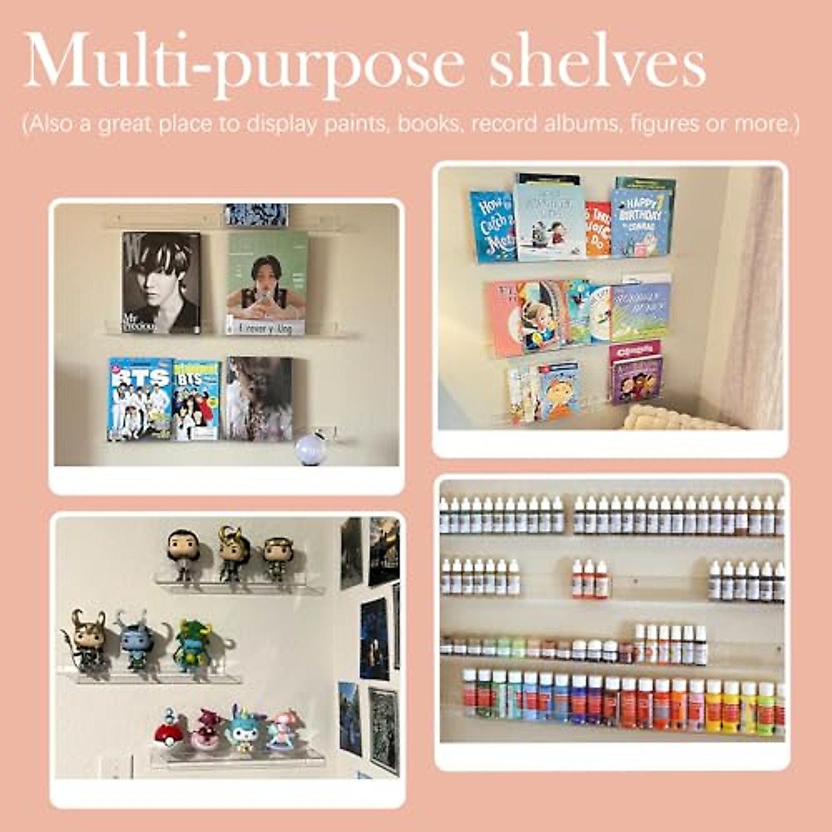 FEMELI Nail Polish Wall Rack: 6 Shelves 15 Inch Clear Acrylic Nail Polish Organizer for 66-90 Bottles Multi-Purpose Acrylic Floating Shelves (15 Inch, Clear)