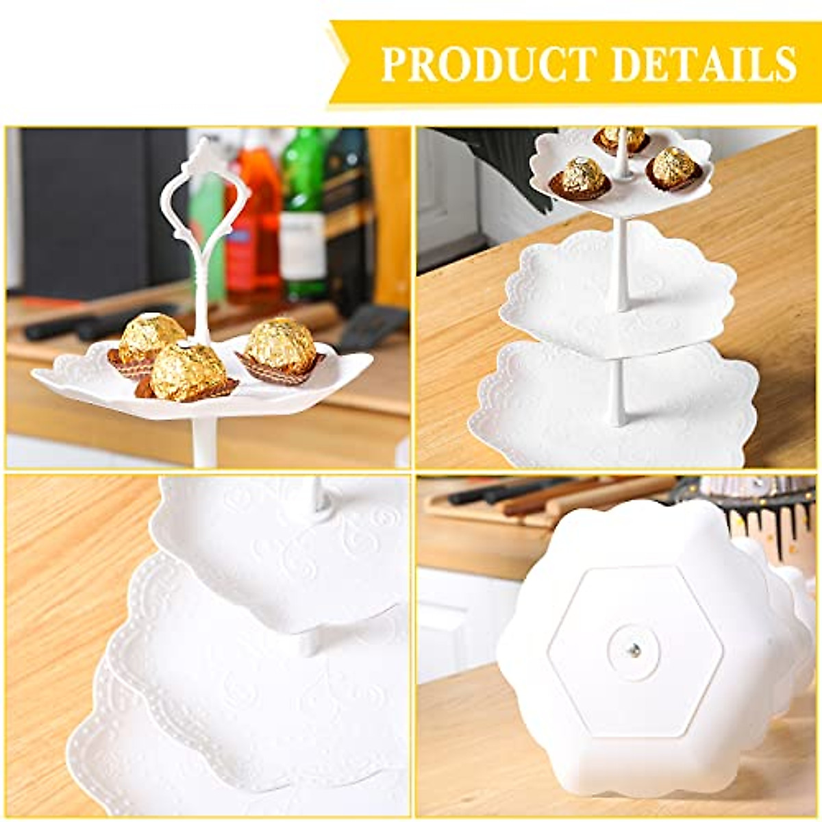 Potchen 8 Sets 3 Tier Cupcake Stand Plastic Tiered Serving Tray Round Flower Square Hexagonal White Dessert Table Display Set Candy Tower Pastry Holder for Party Wedding